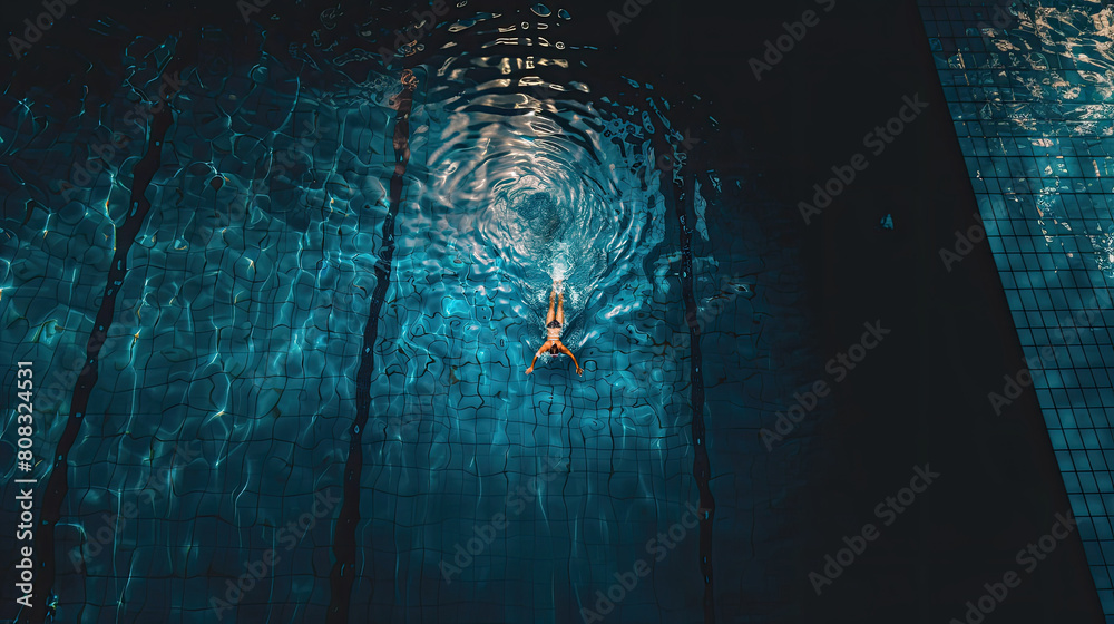 Top view of a swimmer swimming in a pool. Horizontal banner. Background ...