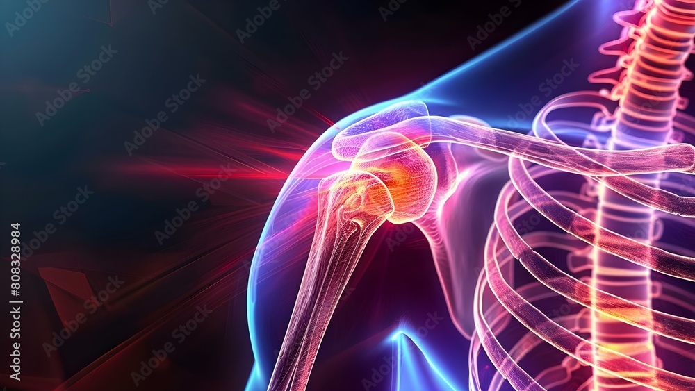 Front view D rendering of inflamed human shoulder joint bones. Concept ...