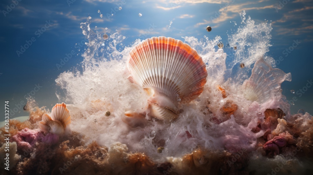 Aphrodite rises from sea foam on scallop shell admired by sea creatures ...