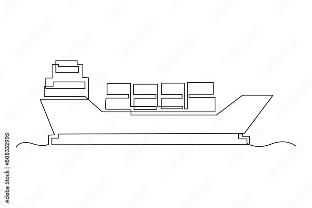 Simple continuous line draw of Cargo ships deliver goods between ...