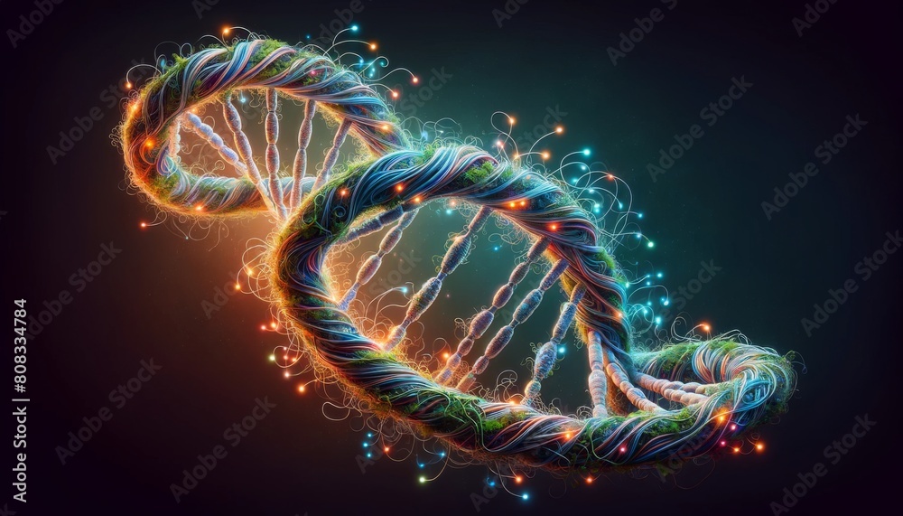 DNA double helix, two strands: one made of organic, vine-like textures ...