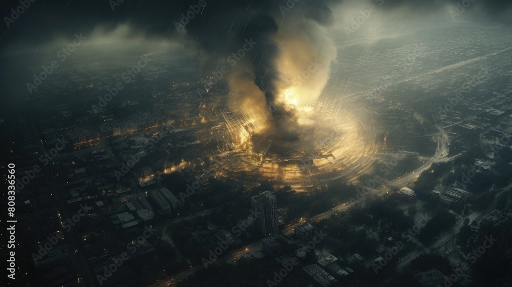big explosion in the city. panorama of the urban landscape. nuclear ...