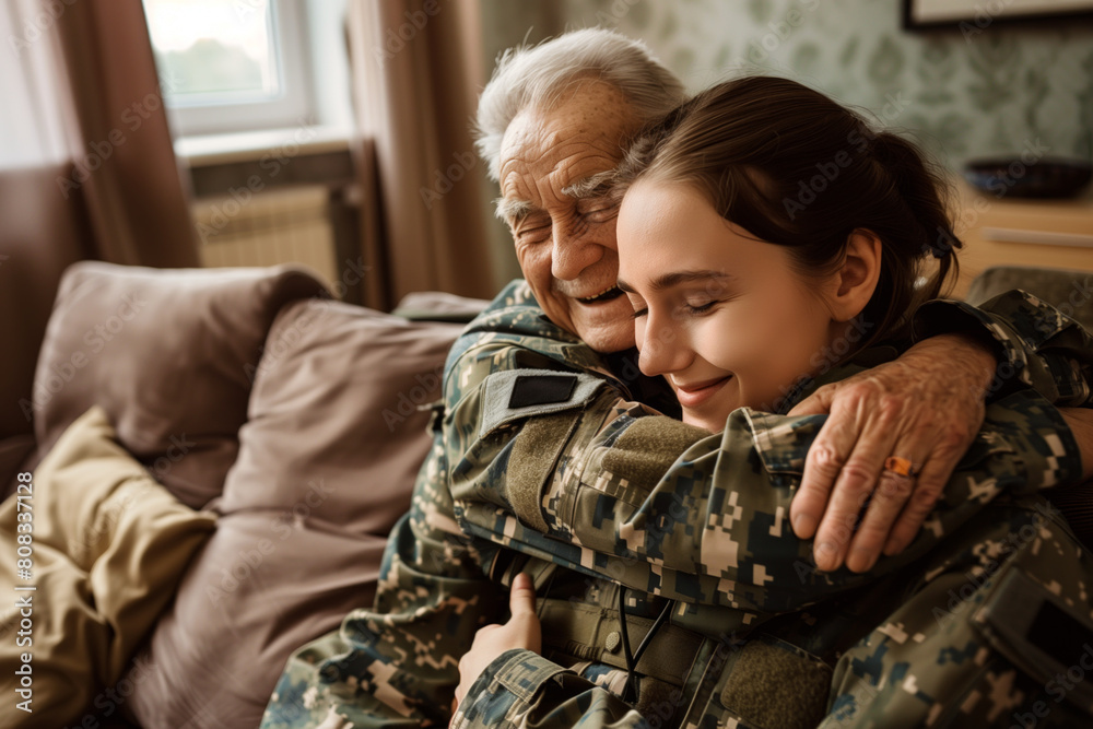 AI Image. Senior military veteran hugging his granddaughter which is ...