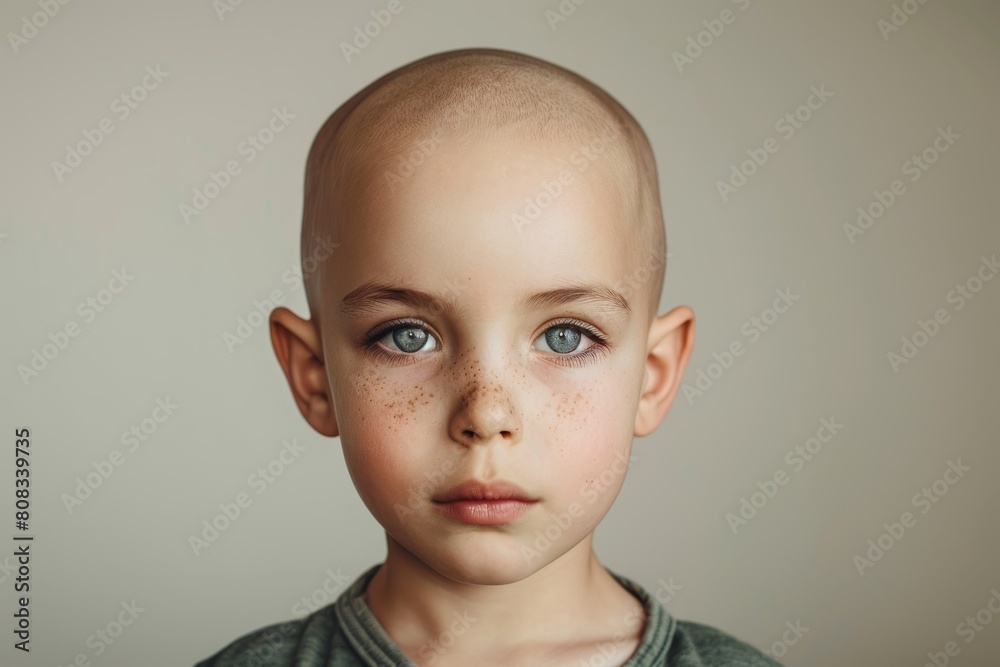 Boy with cancer on beige background. Child with shaved head after ...