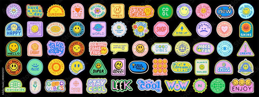 Cute Hand Drawn Y2k Patches Set Vector Design. Collection Of Cool Smile ...