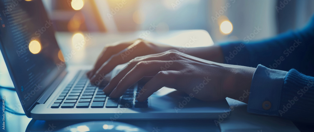 Close-up of a professional working late, detail on hands typing on a ...