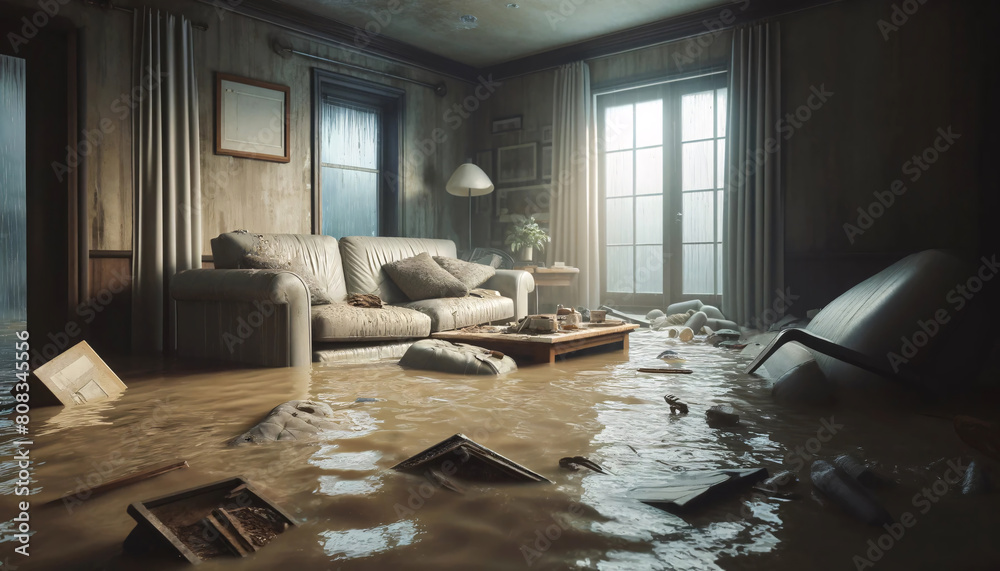 Water damager after flooding in house with furniture floating ...