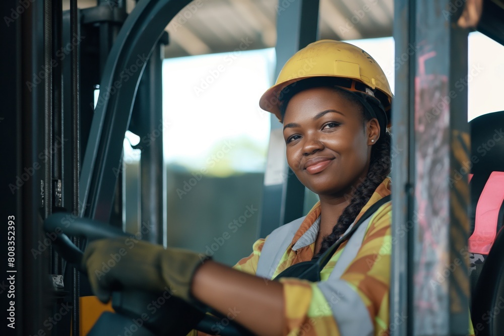 Professional female forklift driver wearing a hard hat and safety vest ...