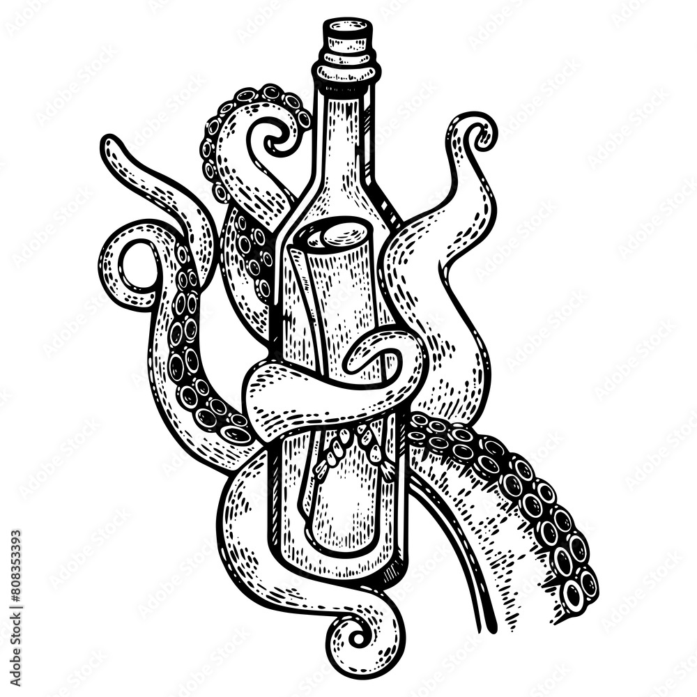 Octopus tentacles with message in bottle sketch engraving PNG ...