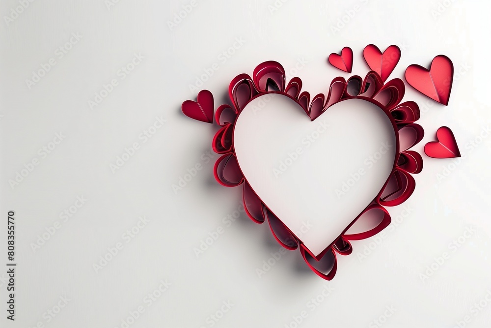 Continuous line heart shape border with realistic paper heart on white ...