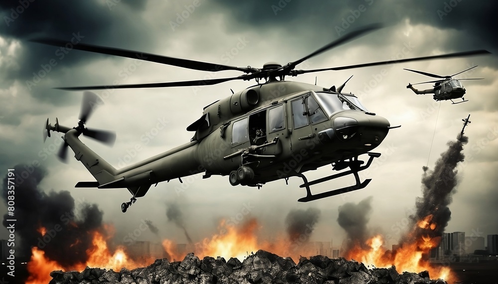 helicopter in flight crush (chopper) with war background Dramatic ...