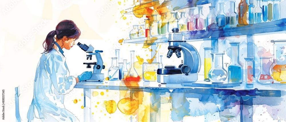 A beautiful watercolor of a medical laboratory depicts the precision ...