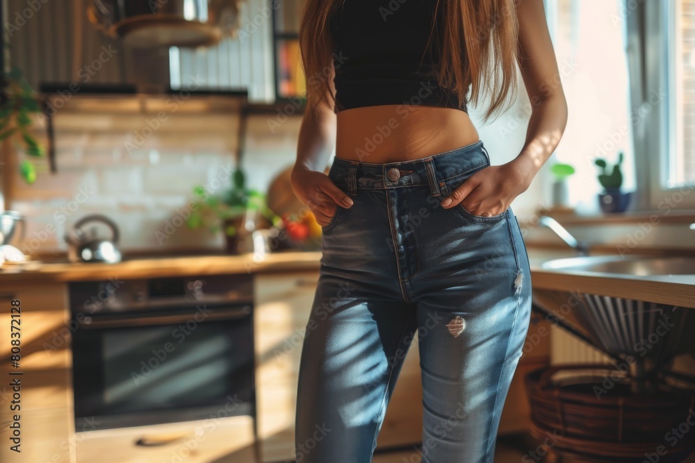 Lower body of a woman with a flat perfect stomach in jeans Stock Photo ...