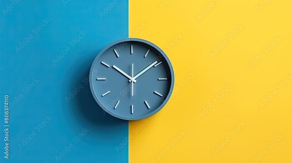 Modern Wall Clock on a Split Yellow and Blue Background Representing ...