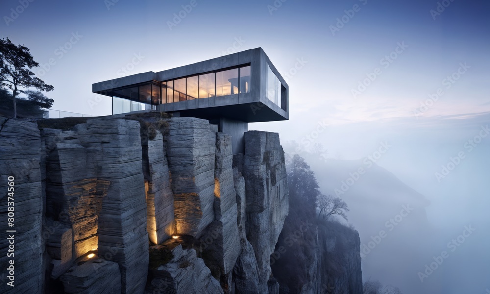 modern house is placed on top of a steep cliff. The house is a box-like ...