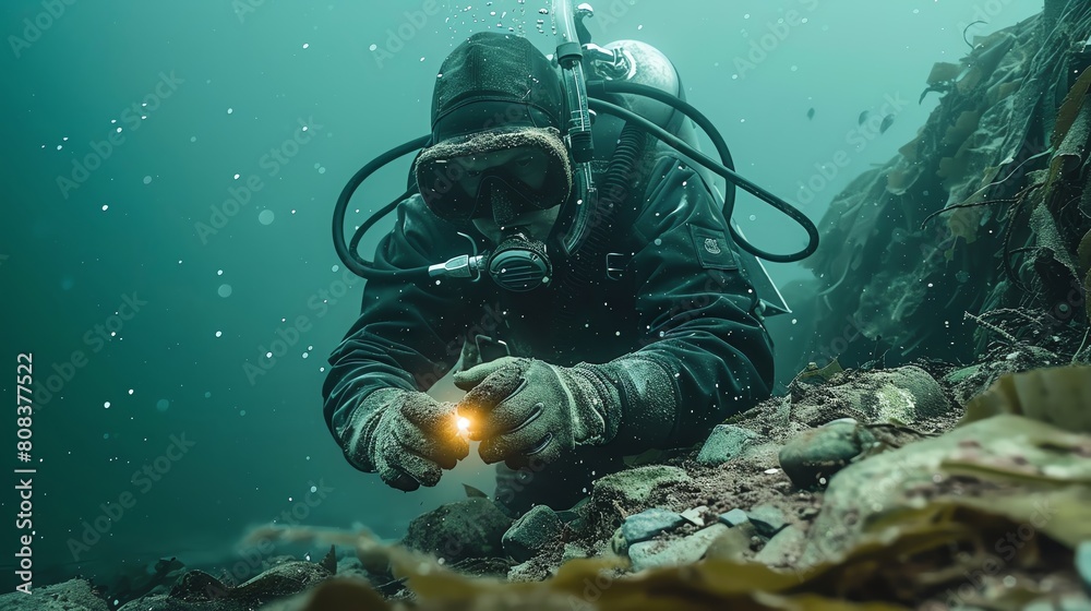 Underwater archaeological dig for Viking relics, lit by bioluminescent ...
