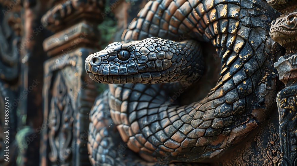 Venomous snake coiled around an ancient sculpture, guarding a temple's ...