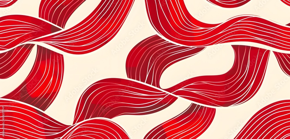 Abstract design undulating candy apple red lines on cream background ...