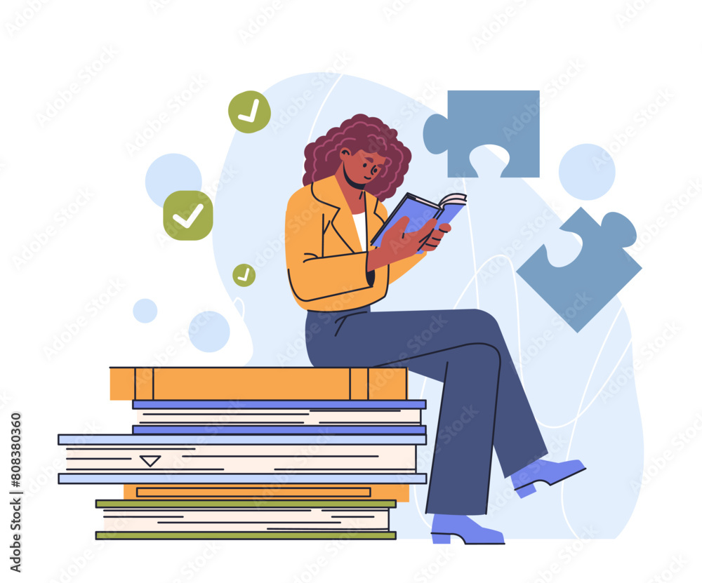 Animated woman reading a book while seated on a stack of books, with ...