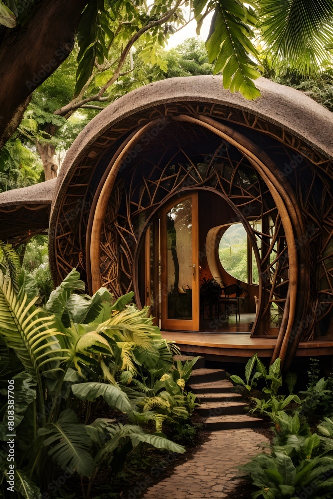 houses with round bamboo roof and wooden structure, hobbit house, casas ...