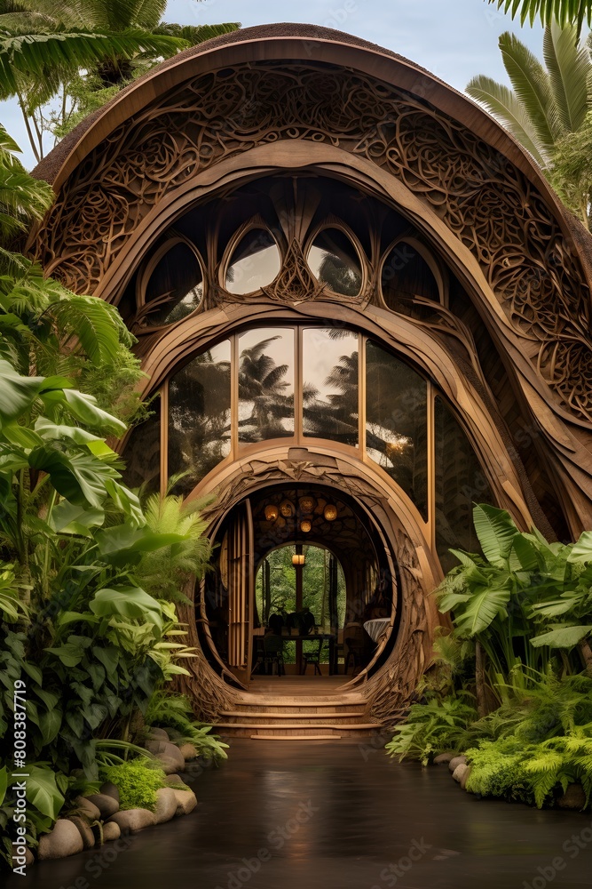 houses with round bamboo roof and wooden structure, hobbit house, casas ...