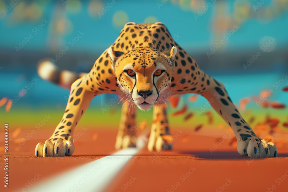 animated cheetah sprinter poised to race on a track, 3d rendering for ...