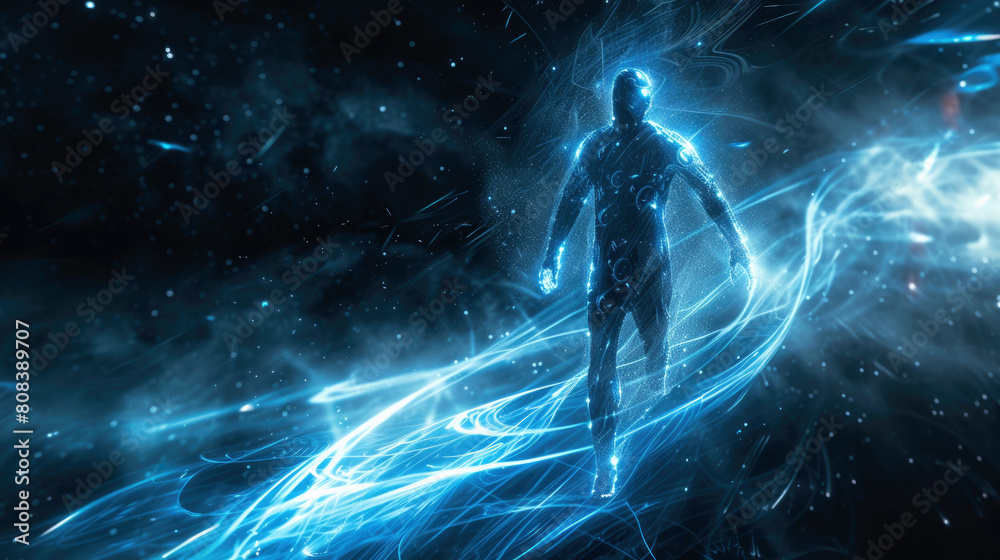 Person walks through dark hyperspace with lightning, man in futuristic ...