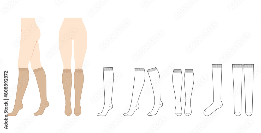 Knee-high Socks length set on women legs and CAD flat template mockup ...