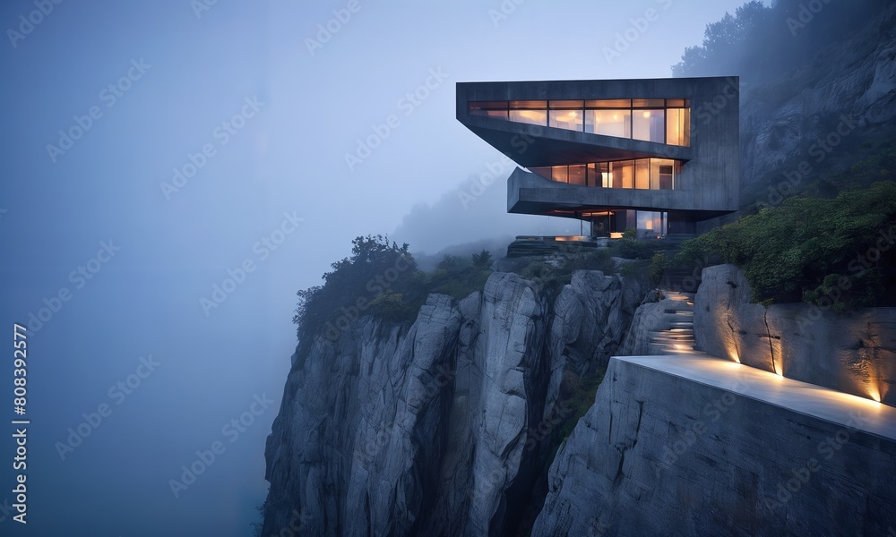 modern house is placed on top of a steep cliff. The house is a box-like ...