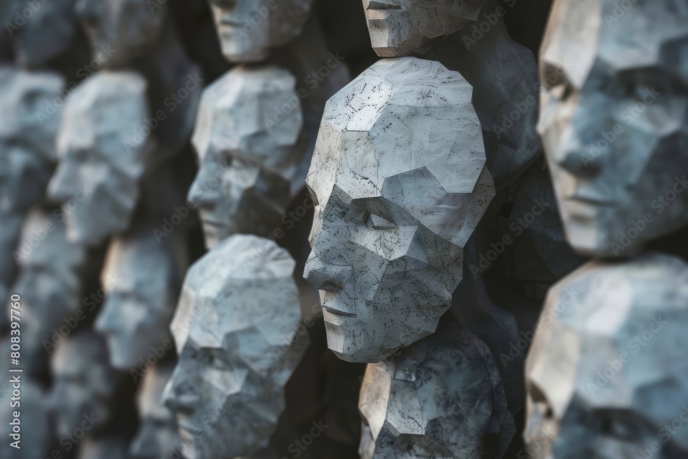 Different masks of human emotions hang on the wall. Social roles and ...