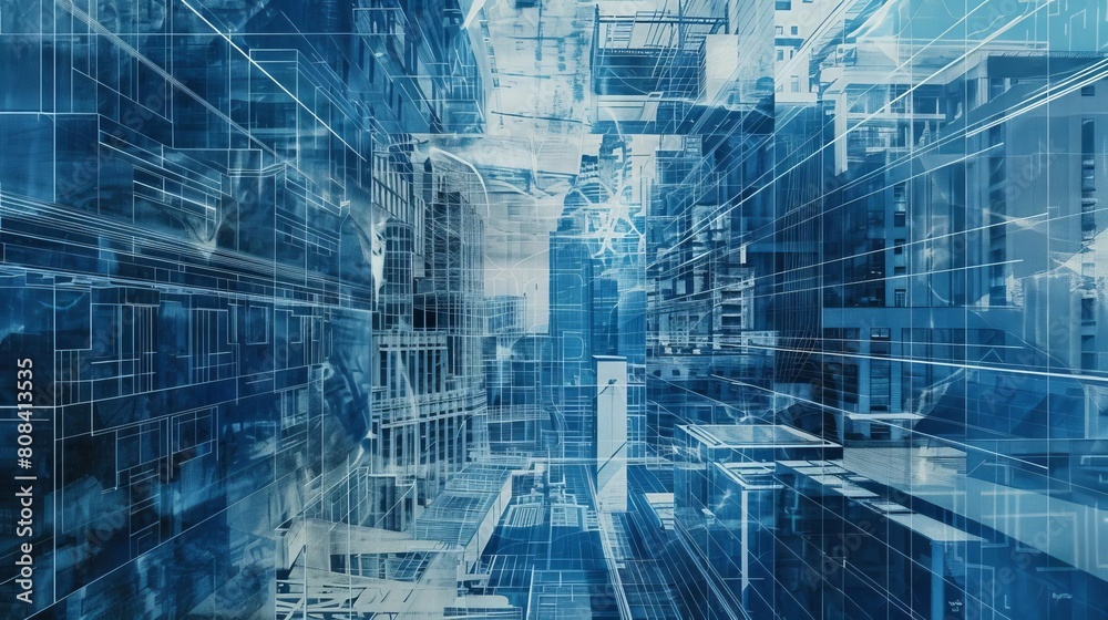 Architectural blueprint overlaid with digital enhancements, merging ...
