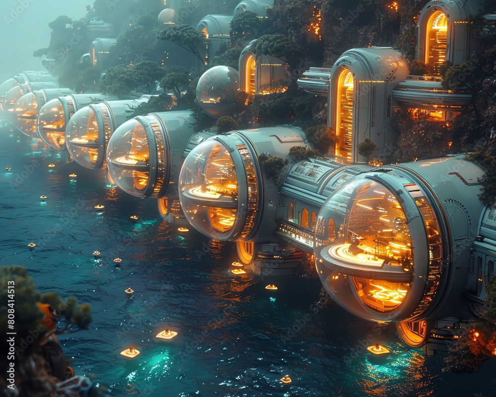 Craft a mesmerizing digital artwork of a utopian underwater world bustling with marine life and ...