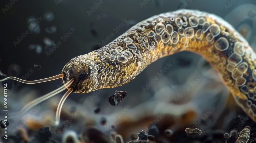 Close study of a soil nematode through a scientific lens, rendered in ...