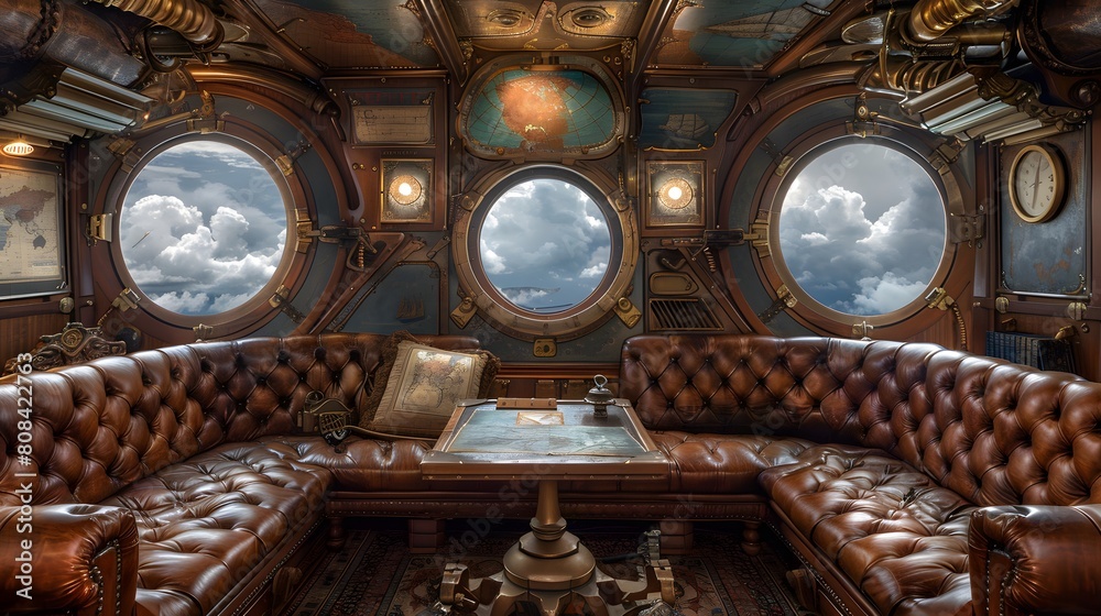 A plush, leather-appointed cabin of a luxurious airship, featuring ...