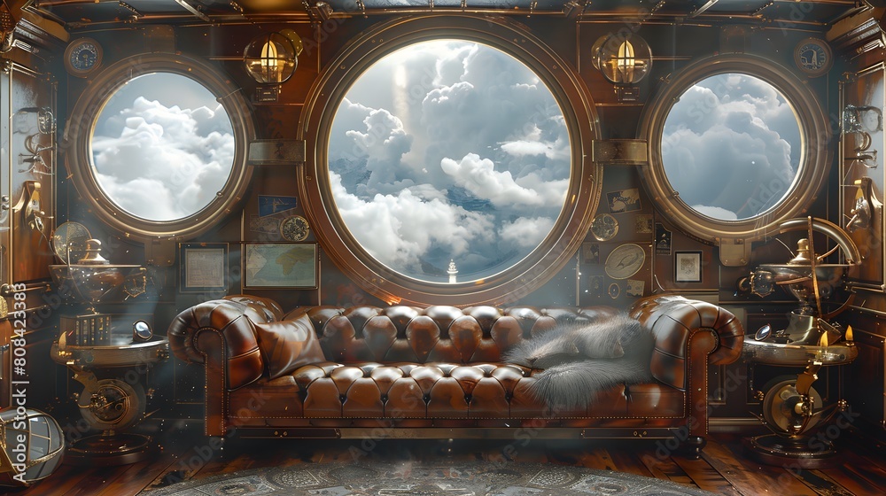 A plush, leather-appointed cabin of a luxurious airship, featuring ...