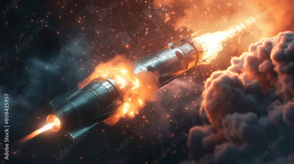 A close-up view of a futuristic rocket launch vehicle designed like a ...
