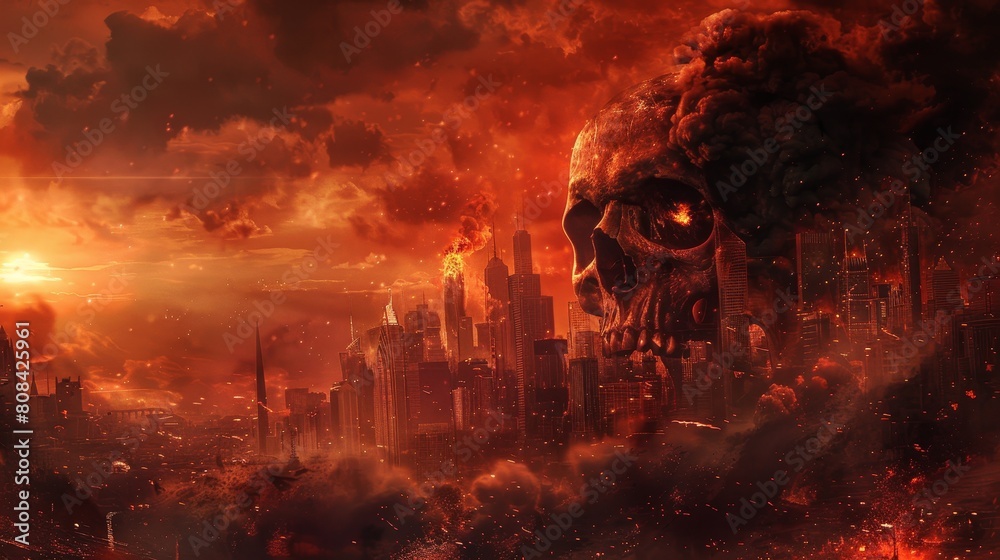 A dark cityscape of hell featuring a close-up Satan skull, smoke and ...