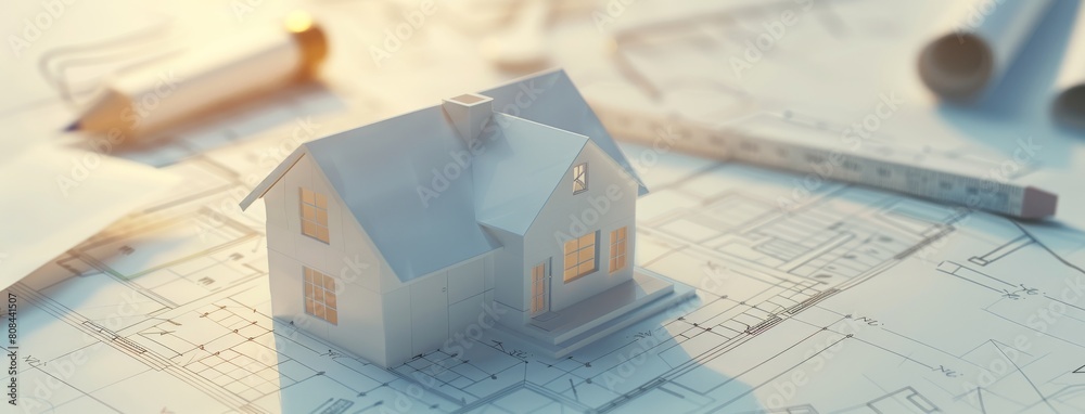 3D rendering of a white paper model house referencing construction ...