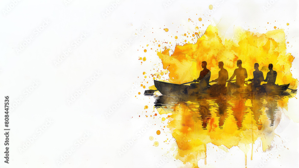 Yellow watercolor paint of sport teamwork in rowing team in a boat game ...