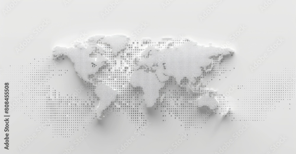 Vector pixel world map, flat gray dots on a white background, simple ...