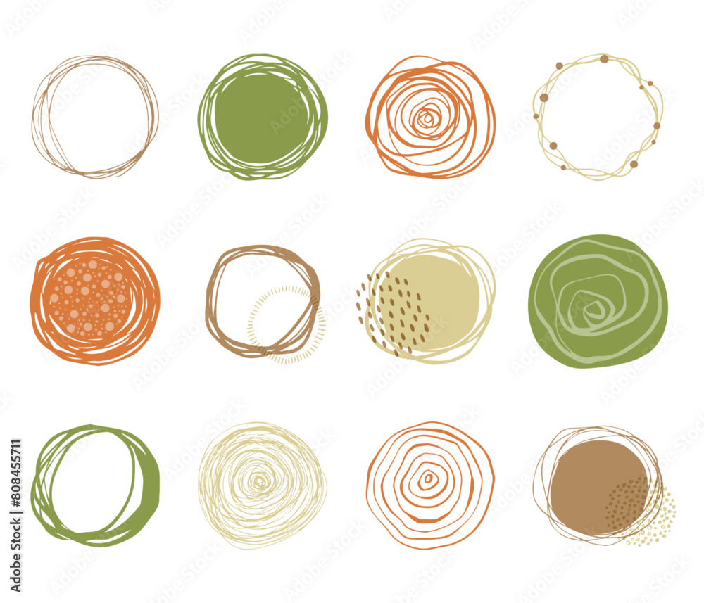 Set of hand drawn scribble circles in modern earthy colors. Circular ...