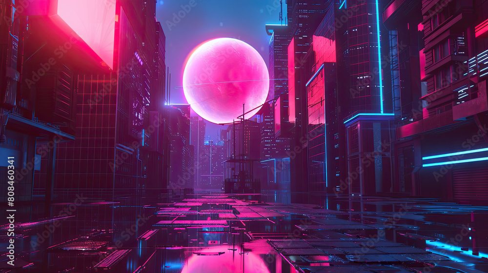 Striking digital artwork featuring a massive neon orb casting a vibrant ...