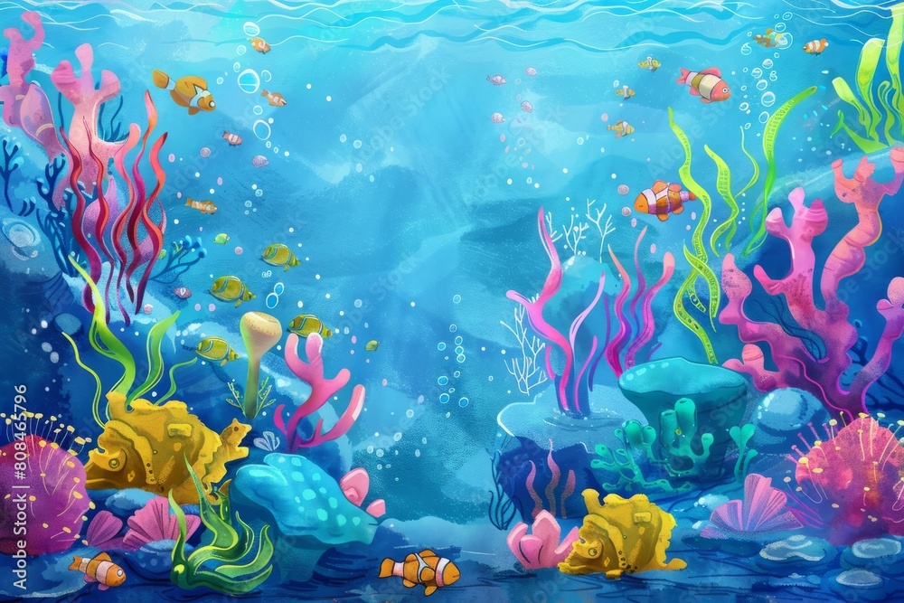 Cartoon cute doodles of vibrant coral reefs teeming with life beneath ...