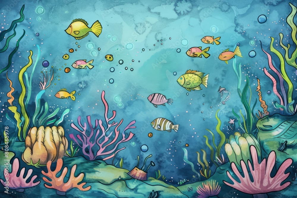 Cartoon cute doodles of vibrant coral reefs teeming with life beneath ...