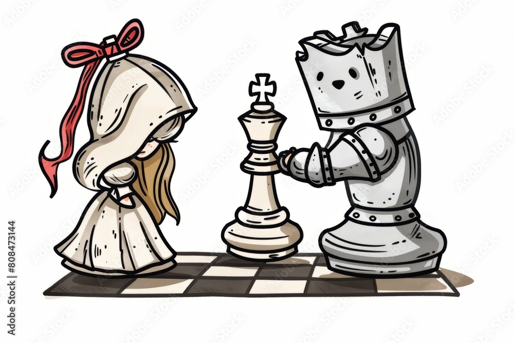 Cartoon cute doodles of a gallant knight chess piece, rescuing a damsel ...