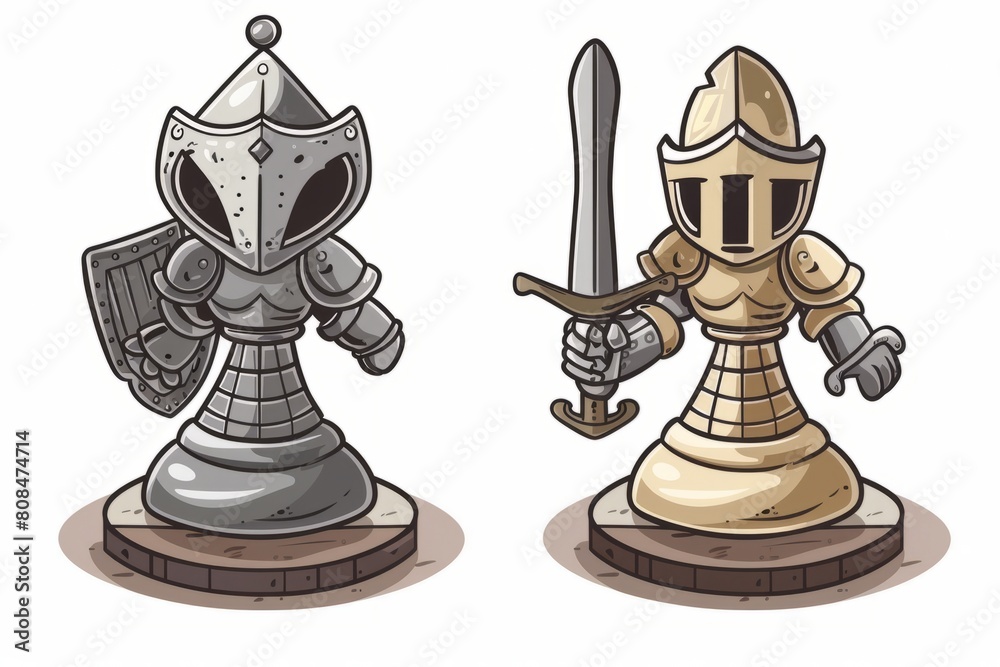 Cartoon cute doodles of a medieval knight chess piece, adorned in ...