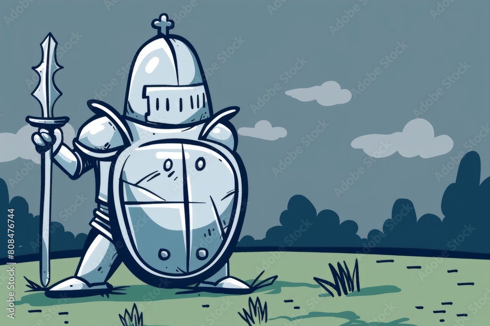 Cartoon cute doodles of a valiant knight chess piece, standing tall and ...