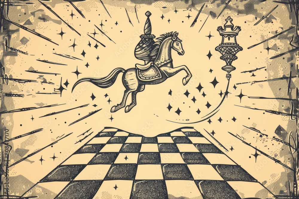 Cartoon cute doodles of a whimsical knight chess piece, riding a ...