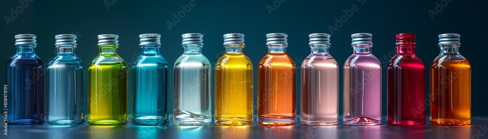 From left to right, a row of glass bottles with silver caps showcases a ...