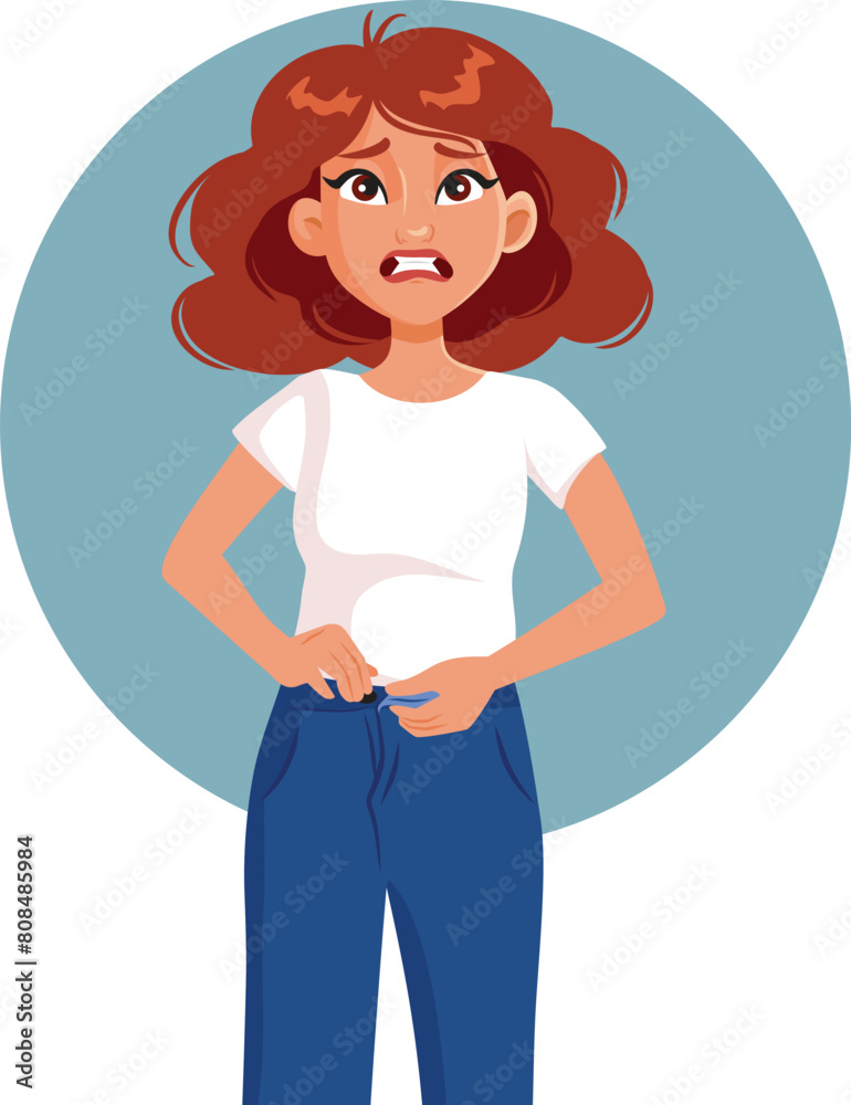 Woman on a Diet Trying to Close her Pants Vector Illustration. Stressed ...